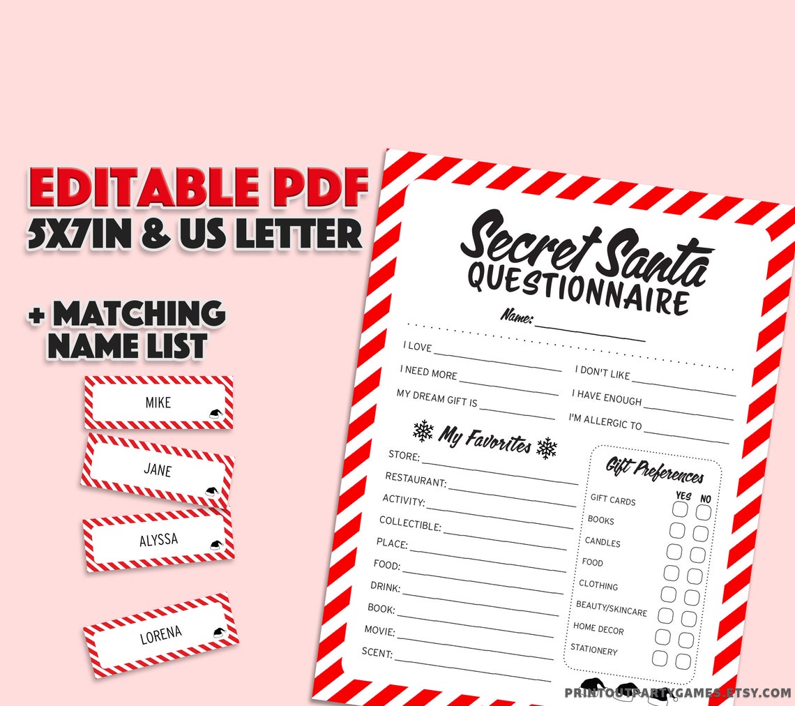 Secret Santa Questionnaire, Editable Christmas Gift Exchange Survey ...