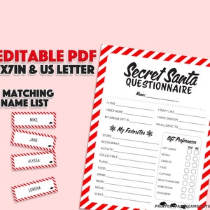 Secret Santa Questionnaire, Editable Christmas Gift Exchange Survey ...