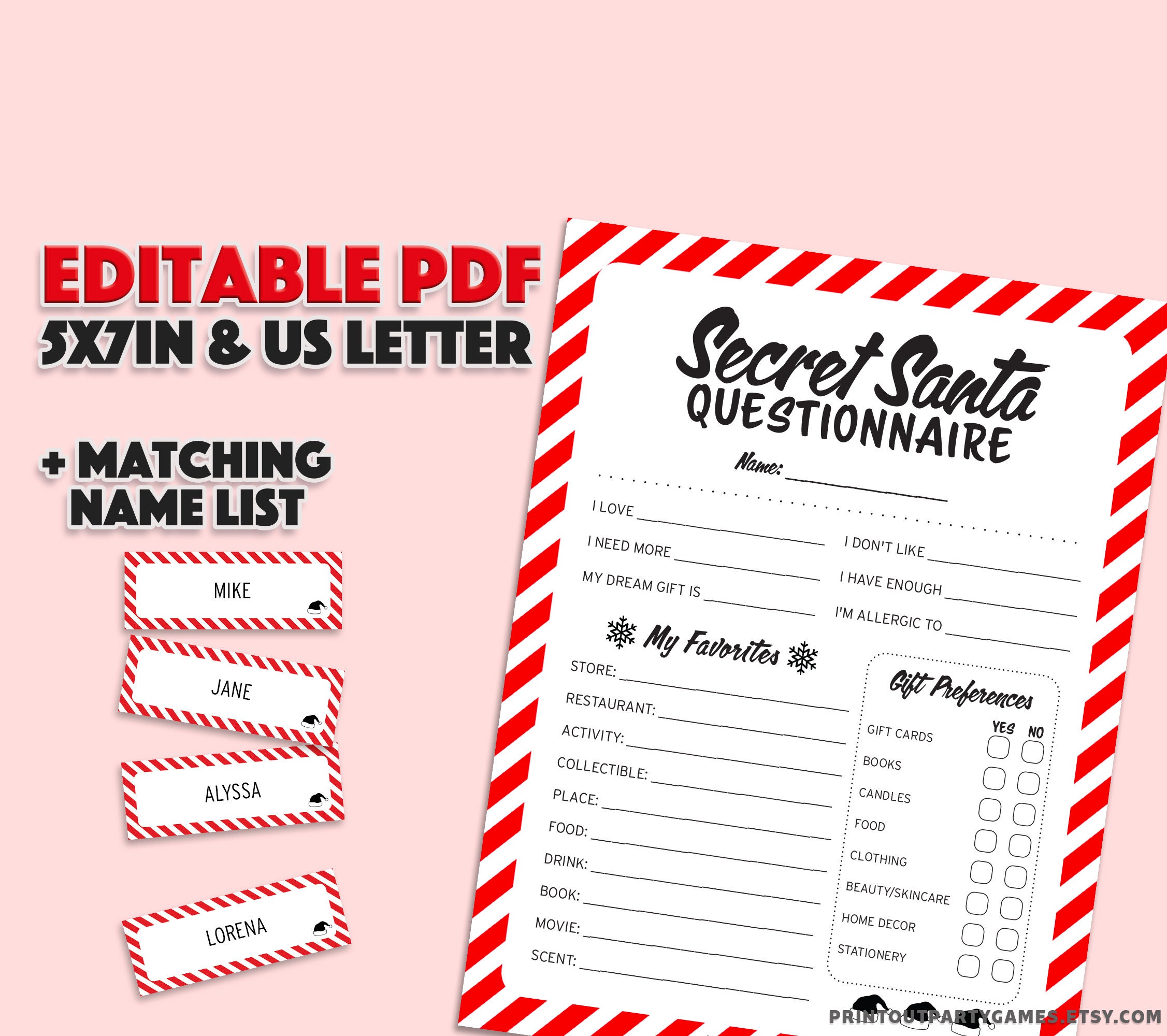 Secret Santa Questionnaire, Editable Christmas Gift Exchange Survey ...