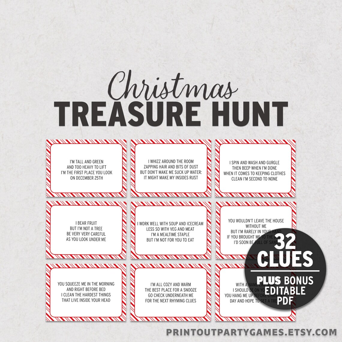 Indoor Treasure Hunt Clue Cards, 32 Indoor Clues, Christmas Scavenger ...
