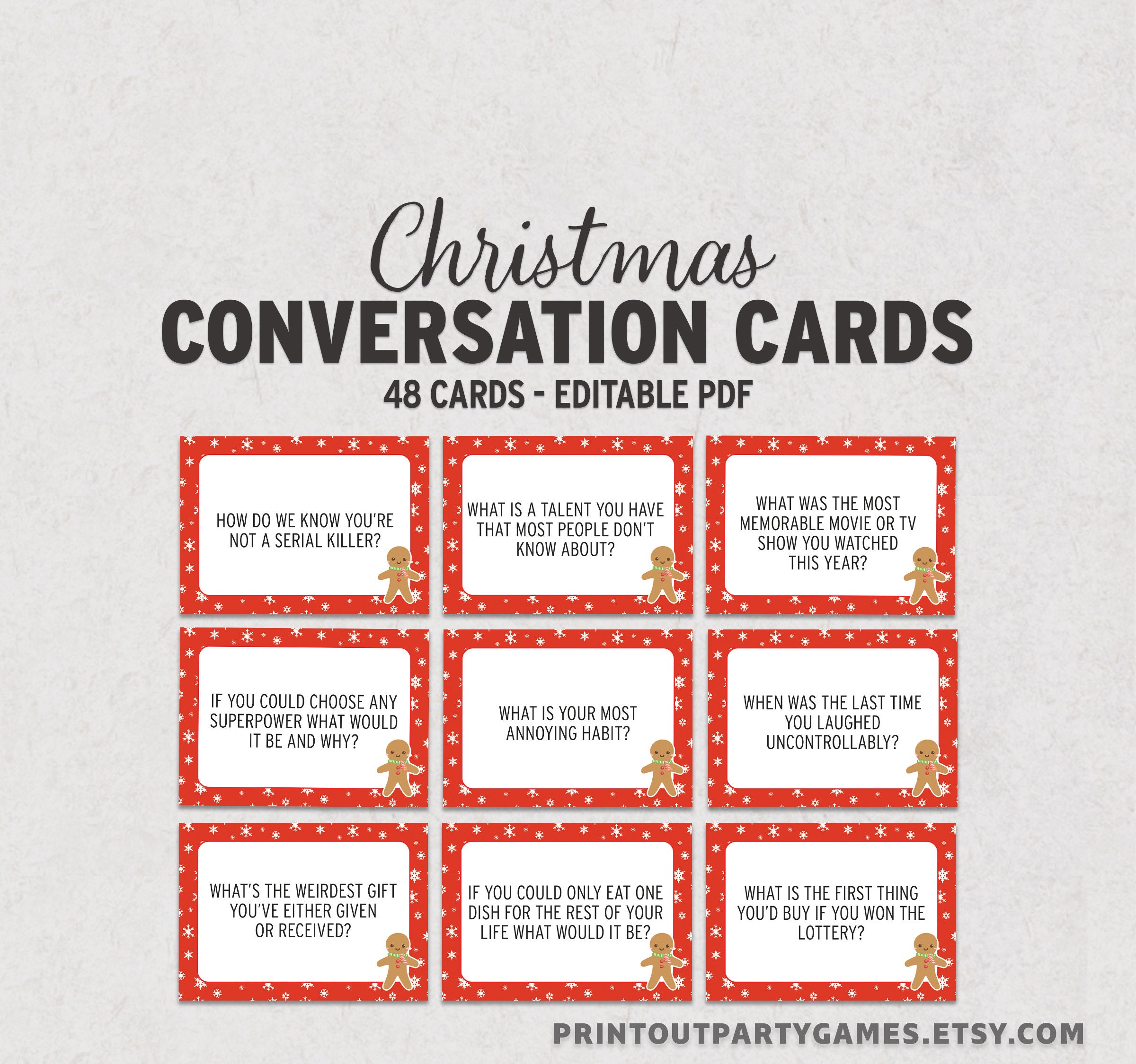 Christmas Conversation Starter Cards, Christmas Dinner Family Activity ...
