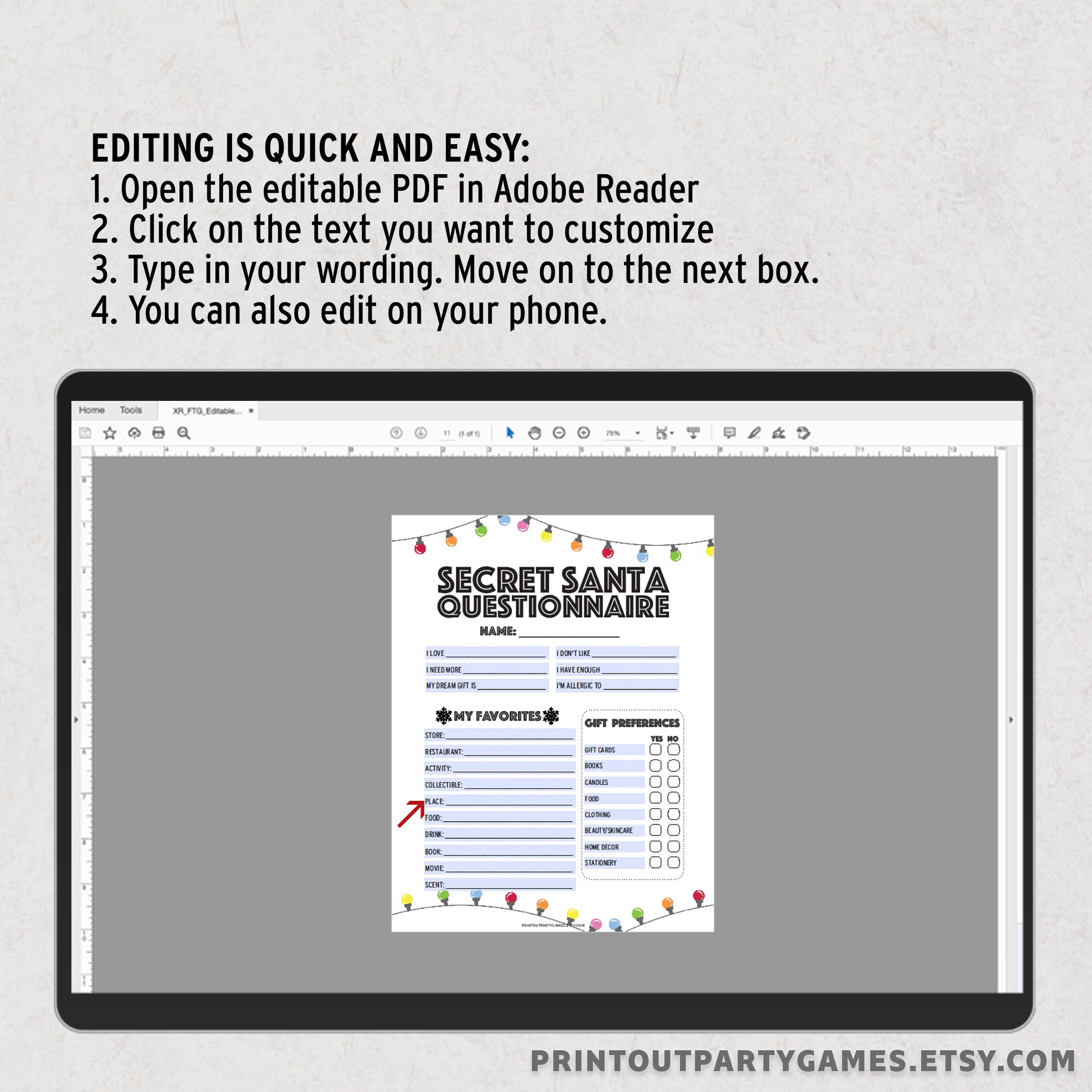 Christmas Gift Exchange Questionnaire, Editable Secret Santa Gift ...