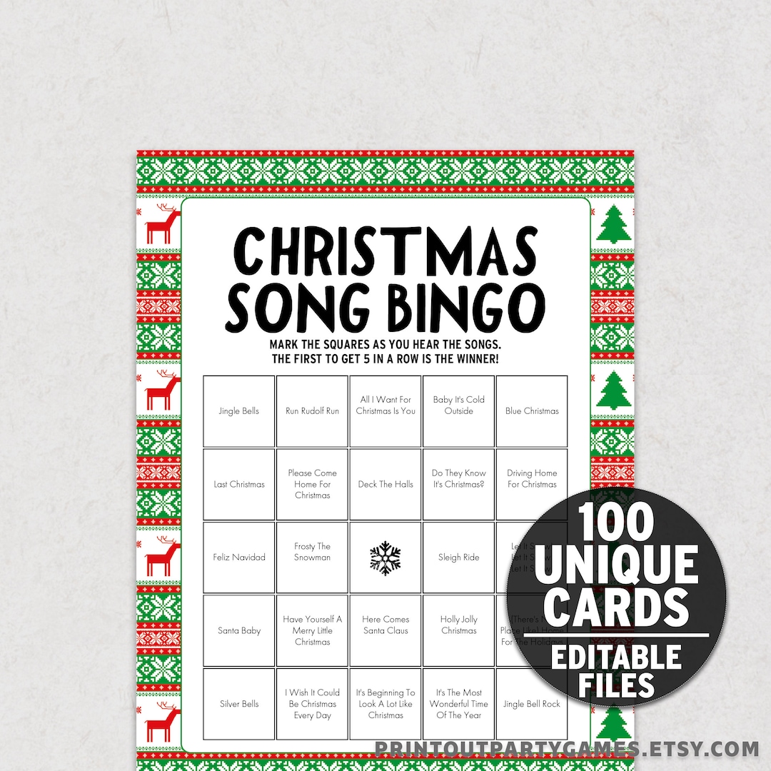 Christmas Song Bingo Game, 100 Unique Cards (editable PDF) - Etsy