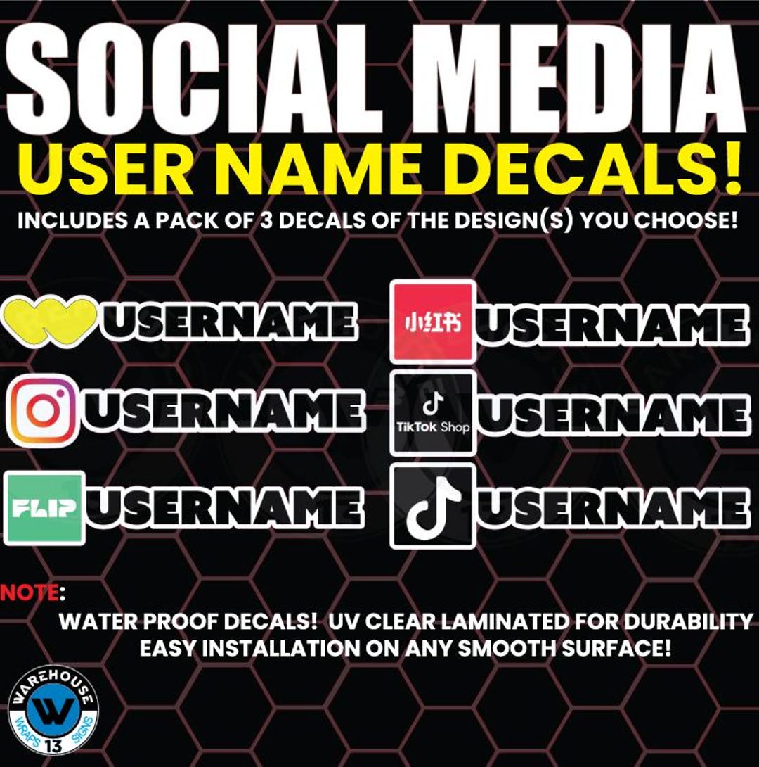 LOOK! 2 Decals per Design You Choose! Social Media Username Custom ...