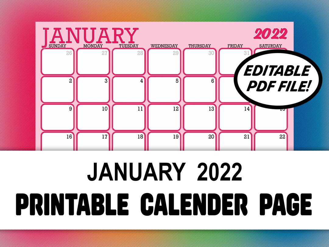 Pink January 2022 Editable Printable Calendar Page - Etsy