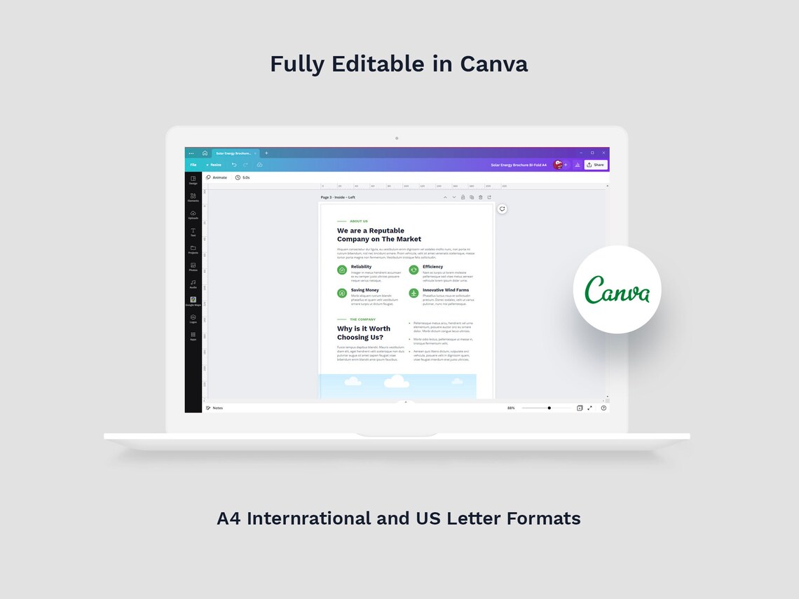 Solar Energy Brochure Bi-fold, Canva Template, Solar Panel Template ...