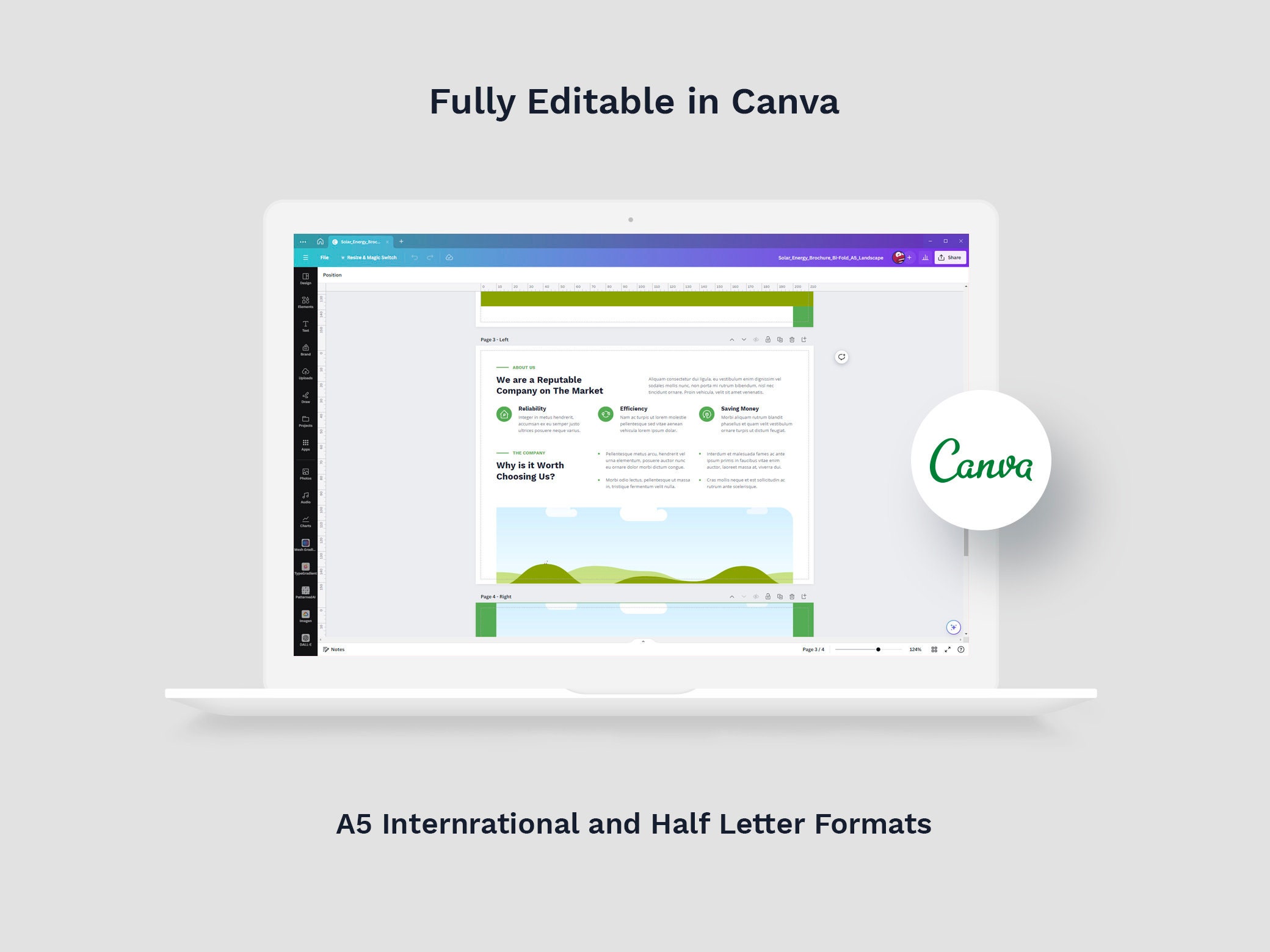 Solar Energy Brochure Bi-fold, Canva Template, Landscape Brochure, Wind ...