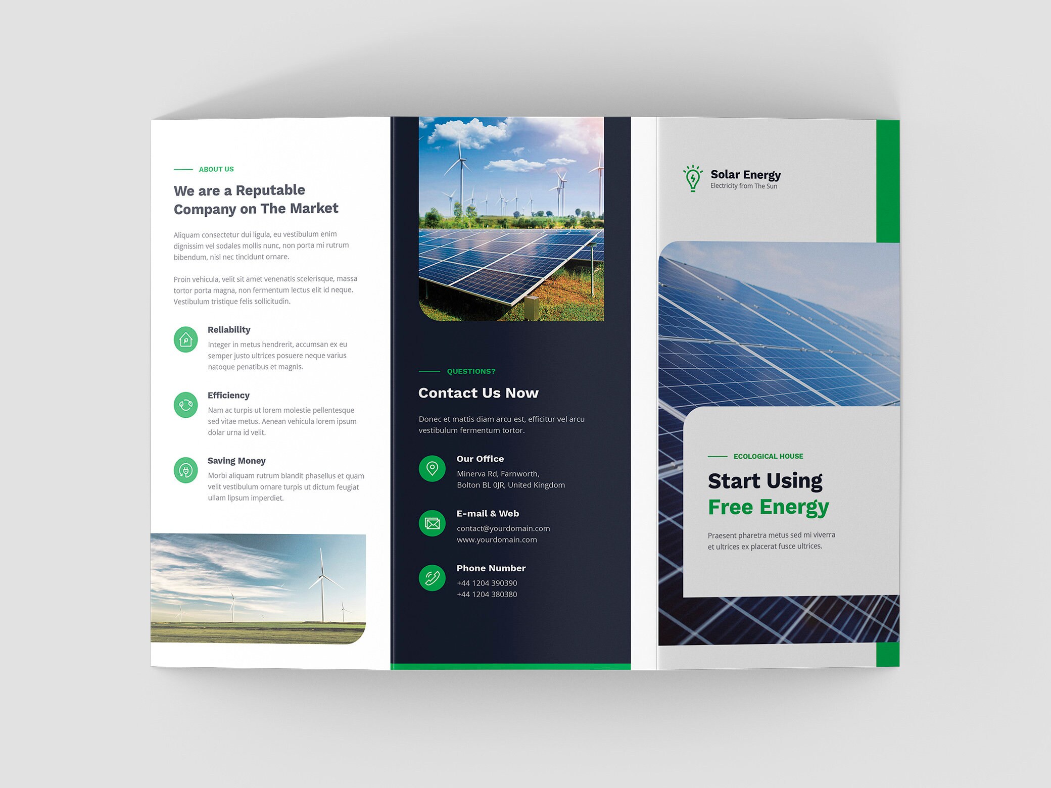 Solar Energy, Renewable, Brochure Tri-fold Template, Wind Turbine, Heat ...