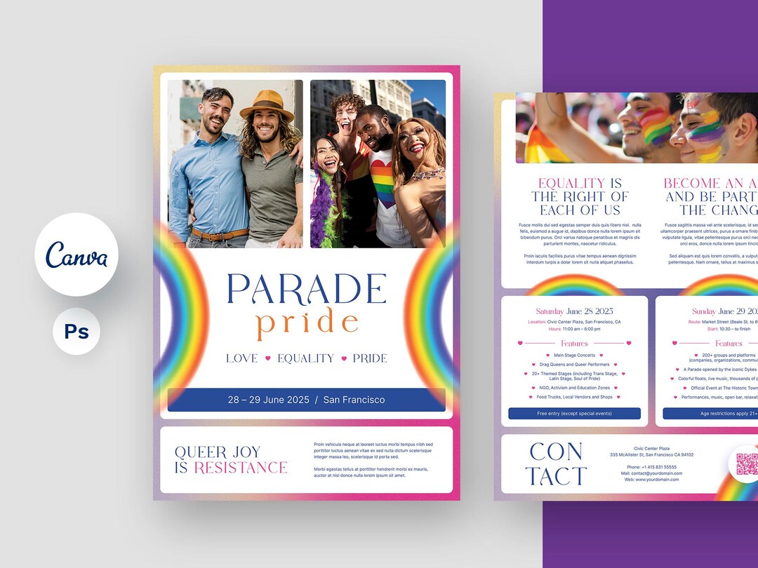LGBT Parade Pride Flyer Canva Template, Colorful Rainbow, Event ...