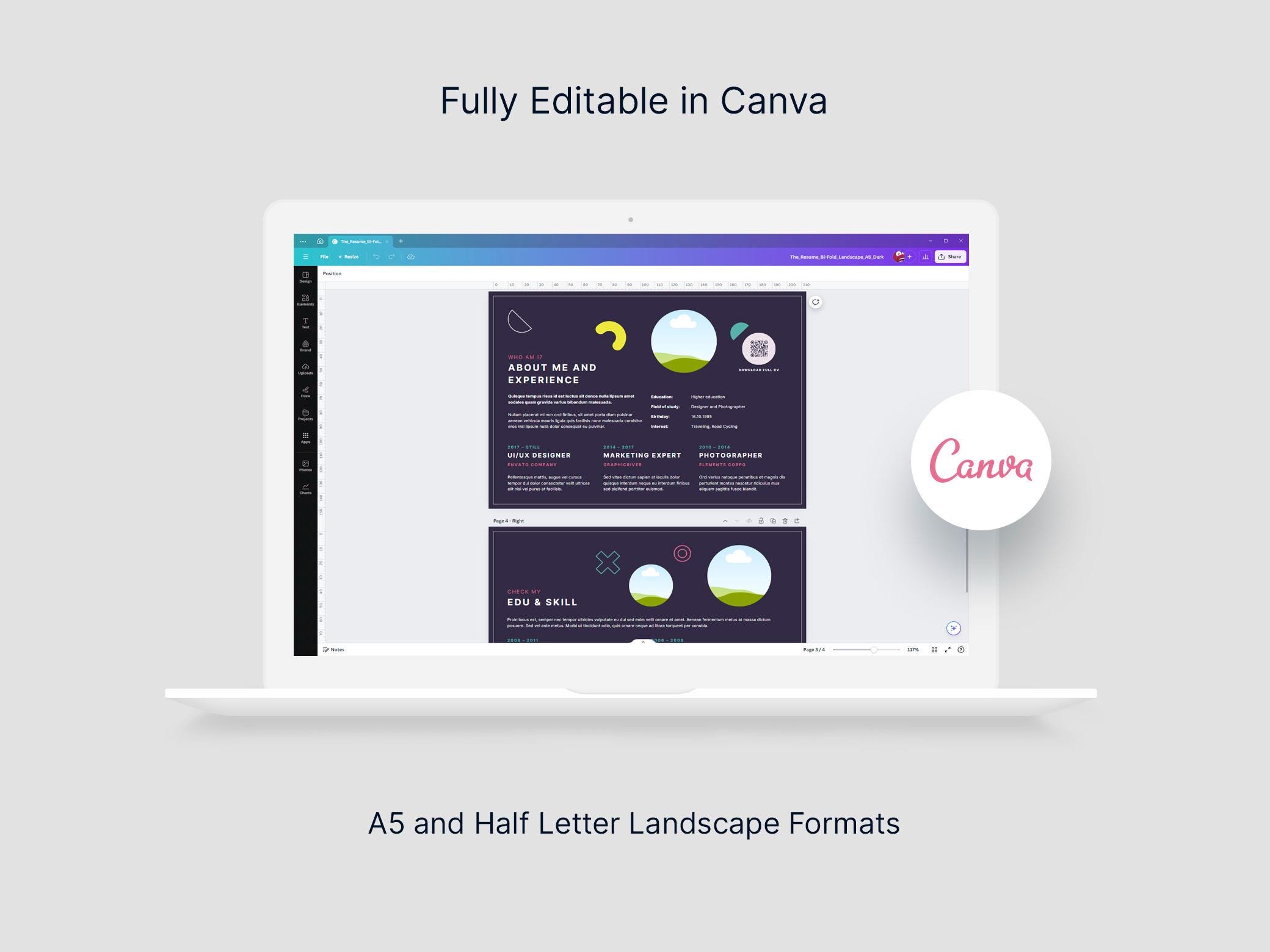 Resume Canva Template, Brochure Bi-fold Landscape, Horizontal Resume ...