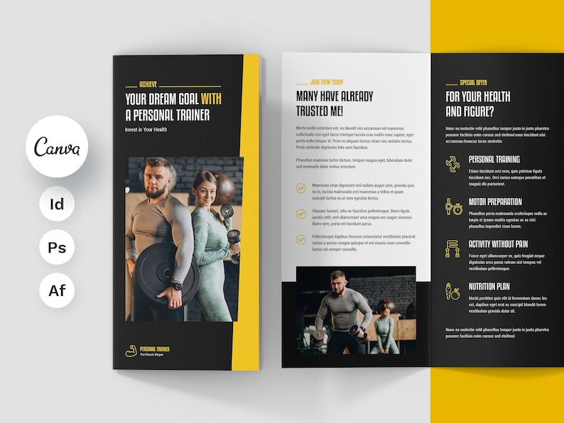 Personal Trainer Brochure Tri-fold, Canva Template, Fitness Club ...