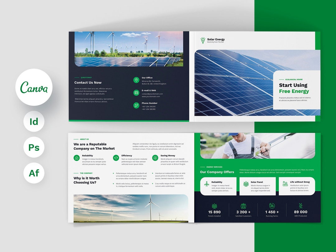 Solar Energy Brochure Bi-fold, Canva Template, Landscape Brochure, Wind ...