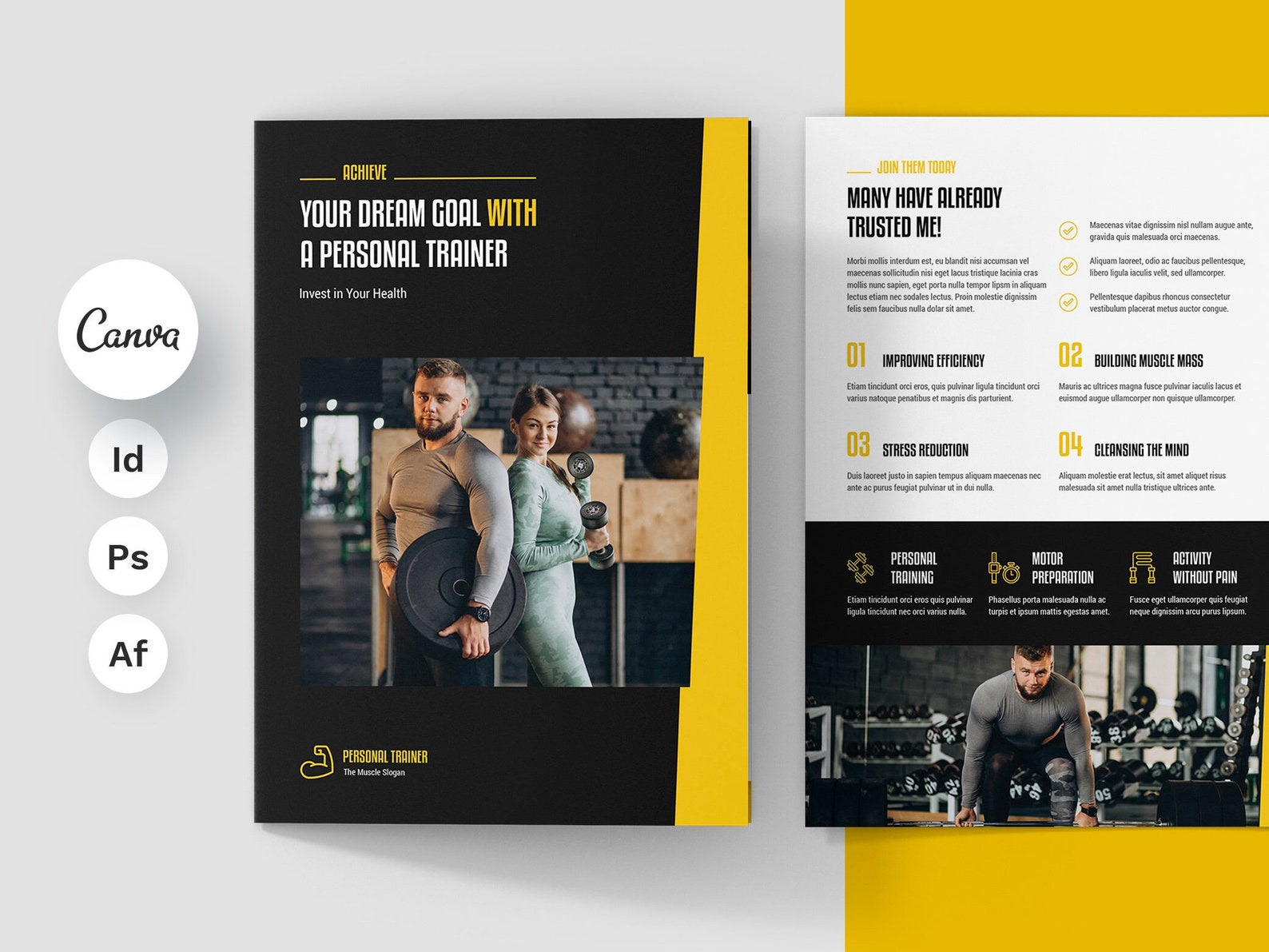 Personal Trainer Brochure Bi-fold Canva Photoshop Indesign Template ...