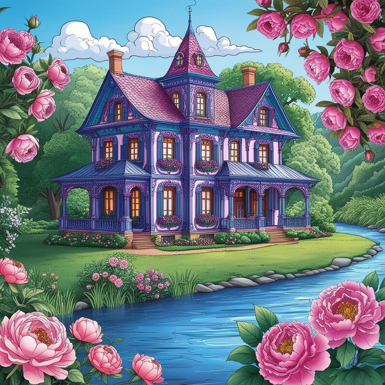 Adult Coloring Book Cottages & Castles: 30 Pages | American House ...