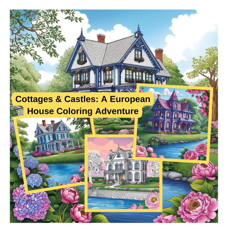 Adult Coloring Book Cottages & Castles: 30 Pages | American House ...