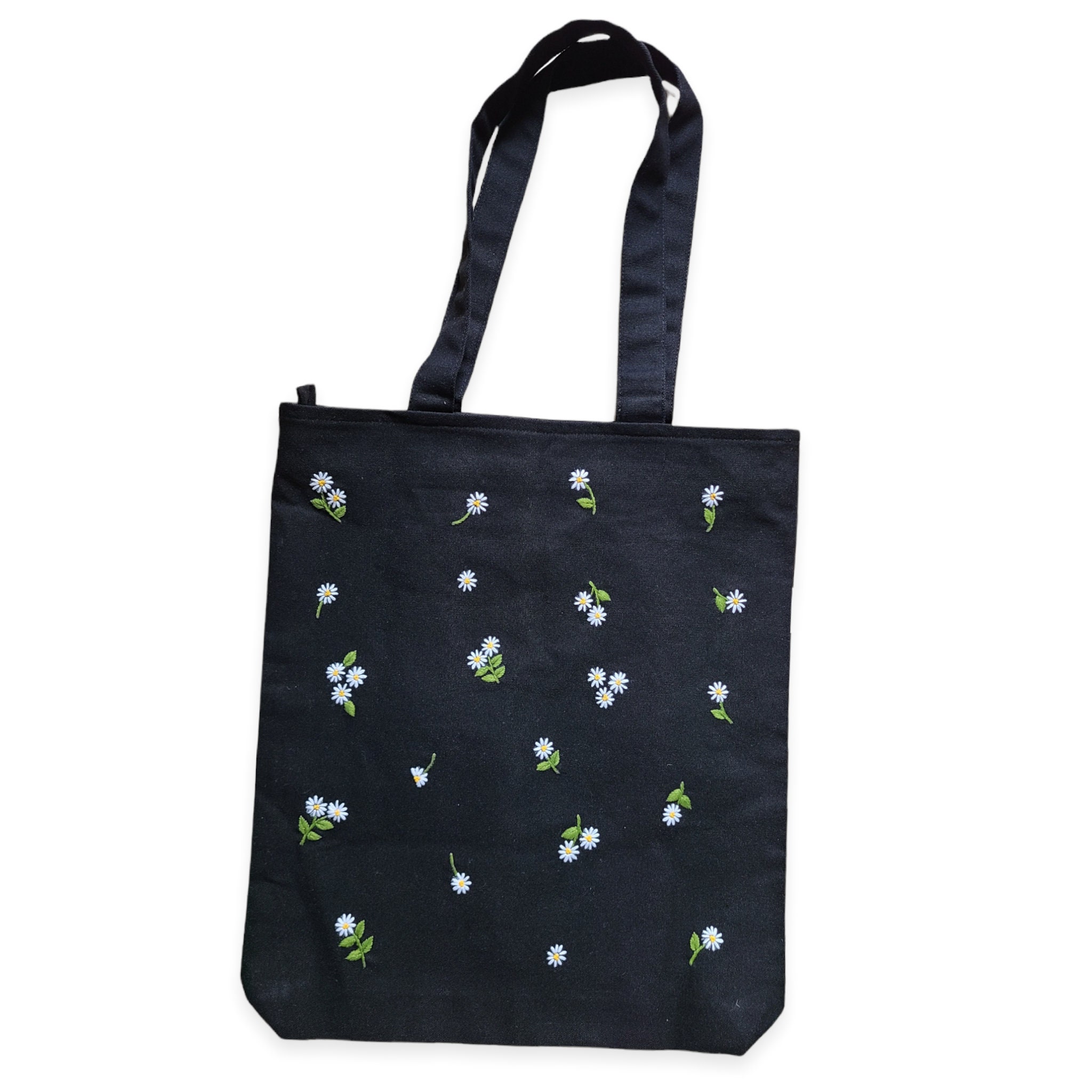 Tote Bag With Embroidered Daisy Flower, Floral Lining, Inner Pocket ...