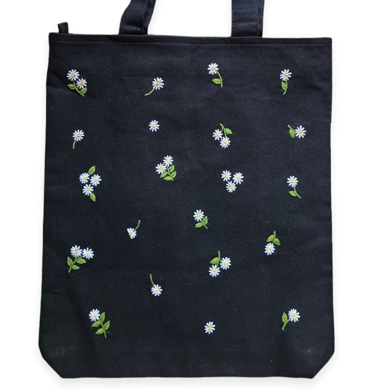 Tote Bag With Embroidered Daisy Flower, Floral Lining, Inner Pocket ...