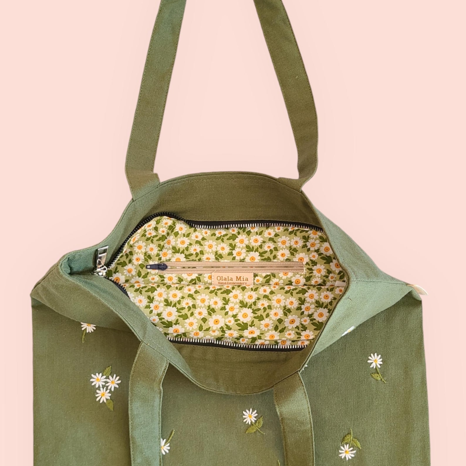 Tote Bag With Embroidered Daisy Flower, Floral Lining, Inner Pocket ...