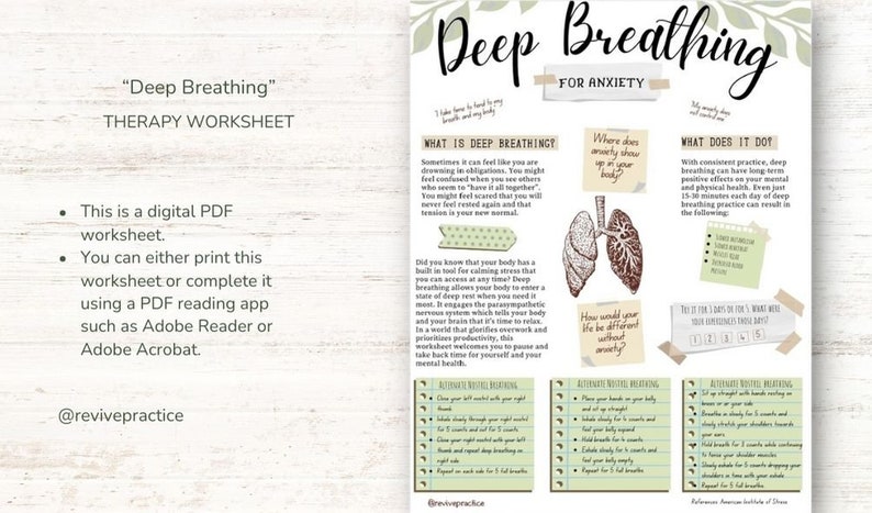 Deep Breathing for Anxiety - Therapy Worksheet - Etsy