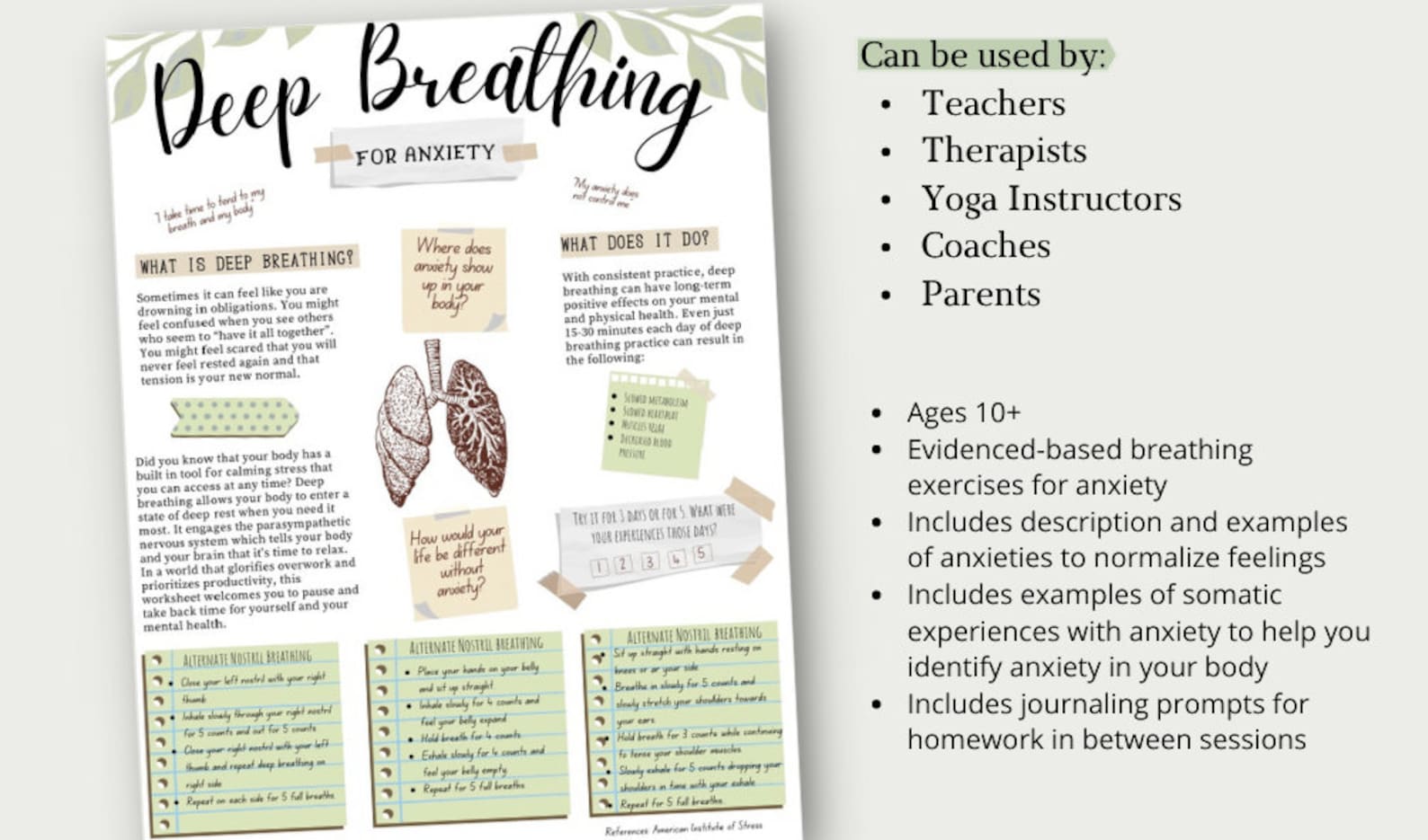 Deep Breathing for Anxiety Therapy Worksheet - Etsy