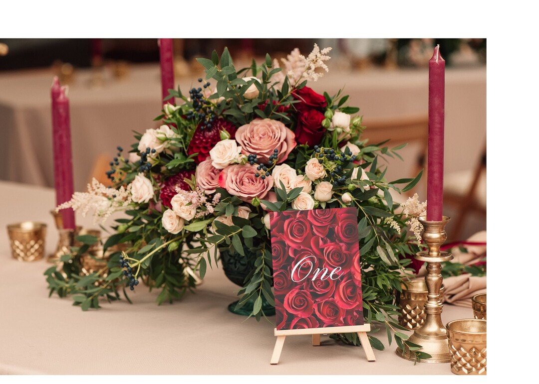 Printable Red Rose Wedding Table Numbers , Downloadable , 5x7 Inches ...