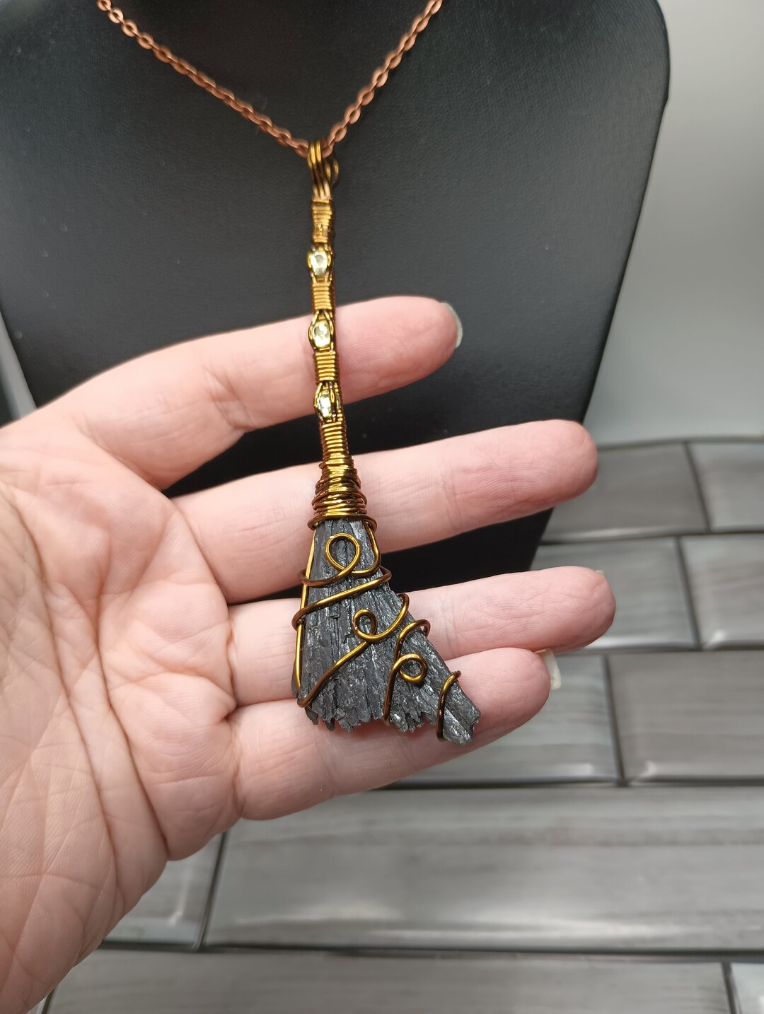 Witches Broom Pendant Kyanite Besom Halloween Samhain Yellow Rhinestone ...