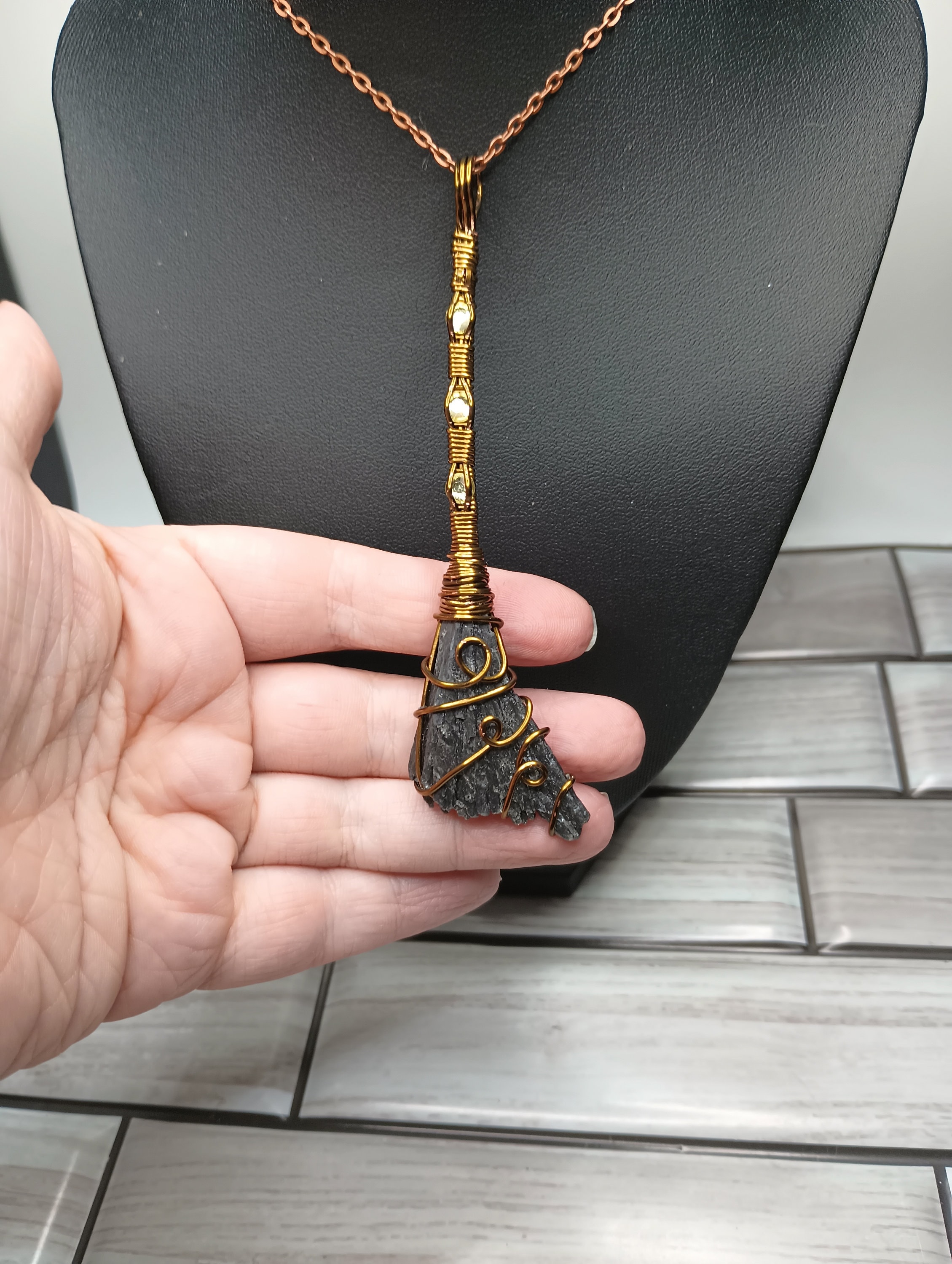 Witches Broom Pendant Kyanite Besom Halloween Samhain Yellow Rhinestone ...
