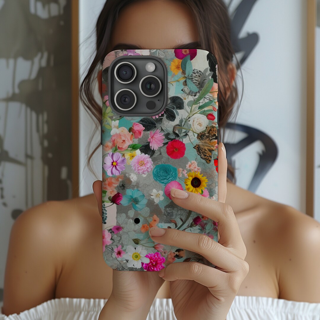 Flowering Collage Blue Floral Mosaic Phone Case iPhone 15 14 13 12 11 ...