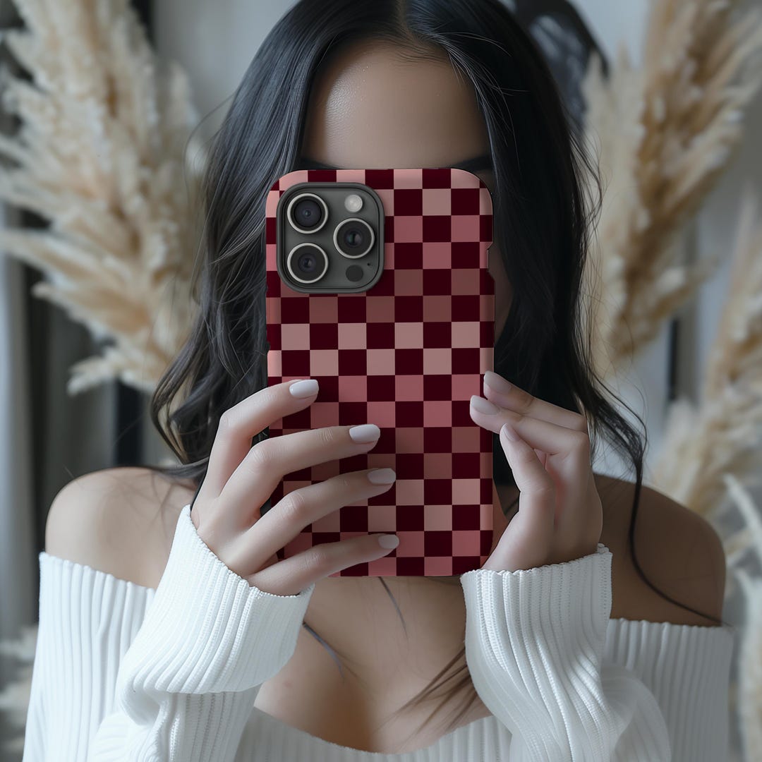Burgundy Check Trendy Y2K Checkered Case iPhone 16 Pro 15 14 13 12 Pro Max Plus Samsung S24 S23 ...