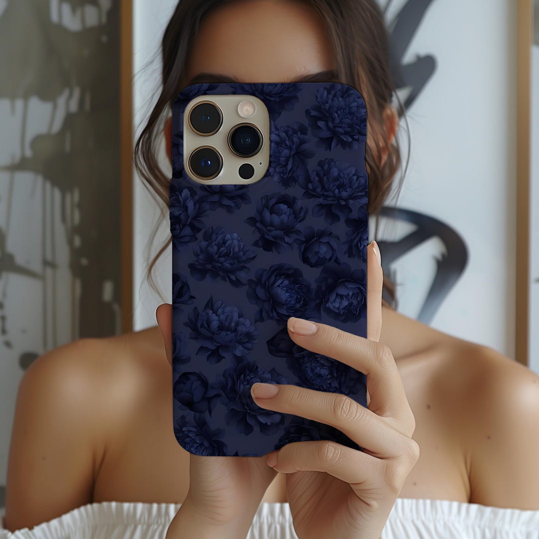 Blue Mood | Chic Dark Blue Floral Phone Case iPhone 16 Pro 15 14 Pro ...