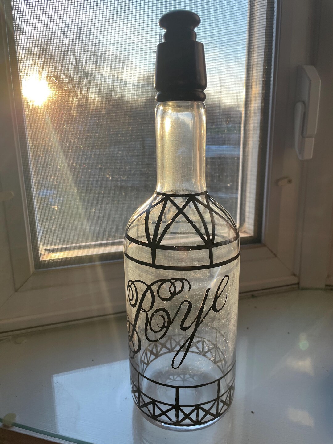 Unique Art Deco Vintage Glass Rye Decanter With Serling Overlay Pattern ...