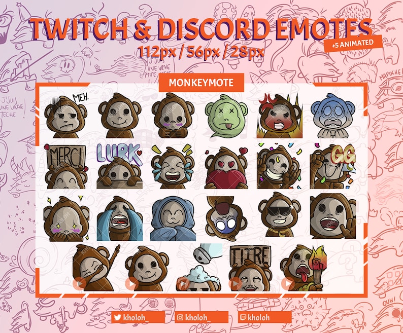 Emotes Twitch & Discord | 23 Emotes Pour Streamers | Cute Monkey Emotes ...
