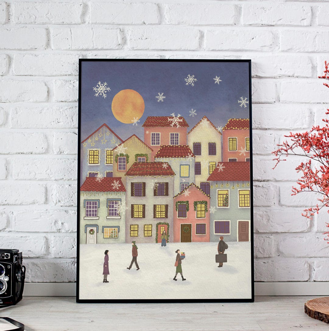 Winter Street Scene Art Print | Hand-drawn | Festive Wall Decor ...