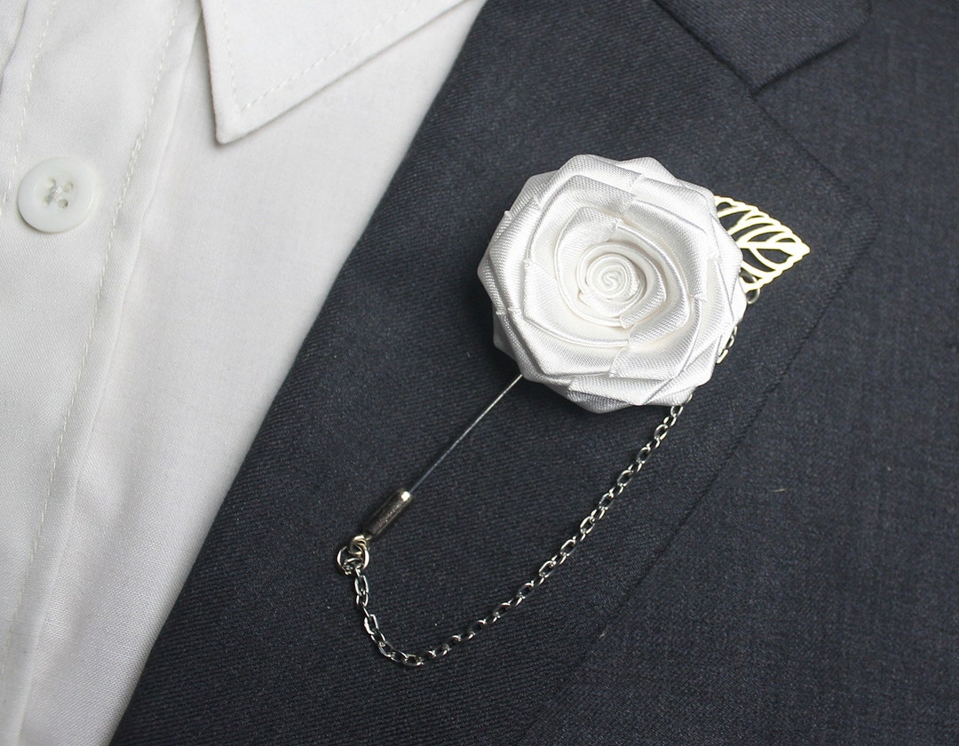 White Rose Lapel Pins Men, Flower Lapel Pin Chain : Groomsman Gifts ...