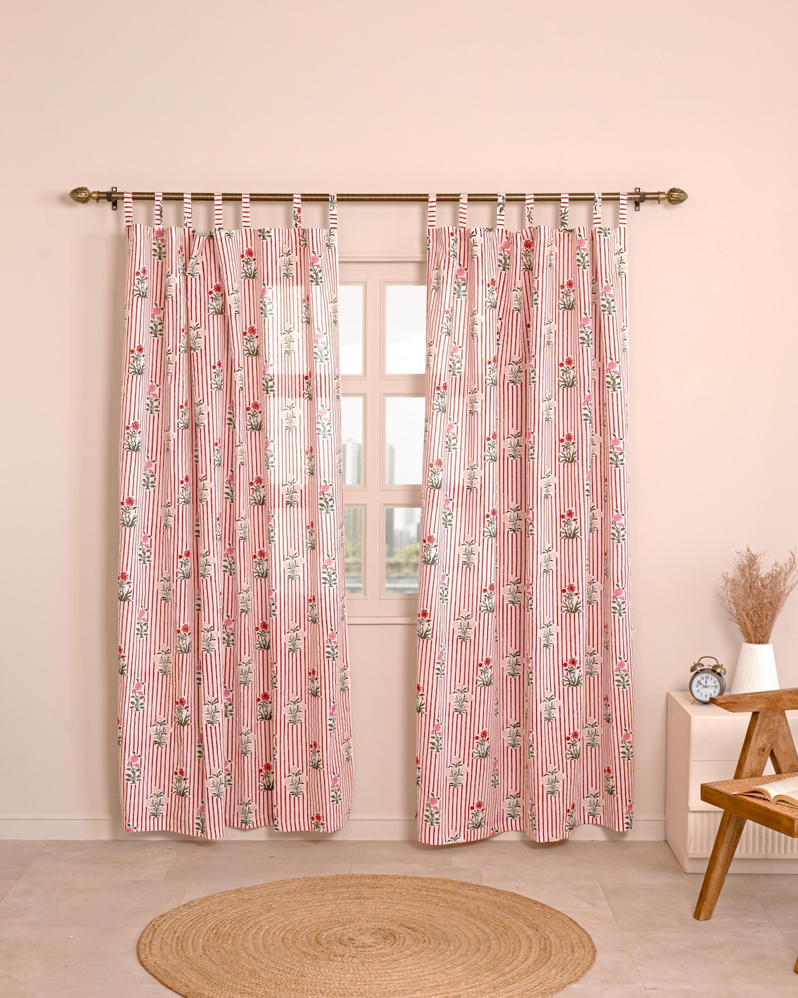 Boho Block Print Cotton Curtain Panel: Red Stripes, Coral Floral - Etsy