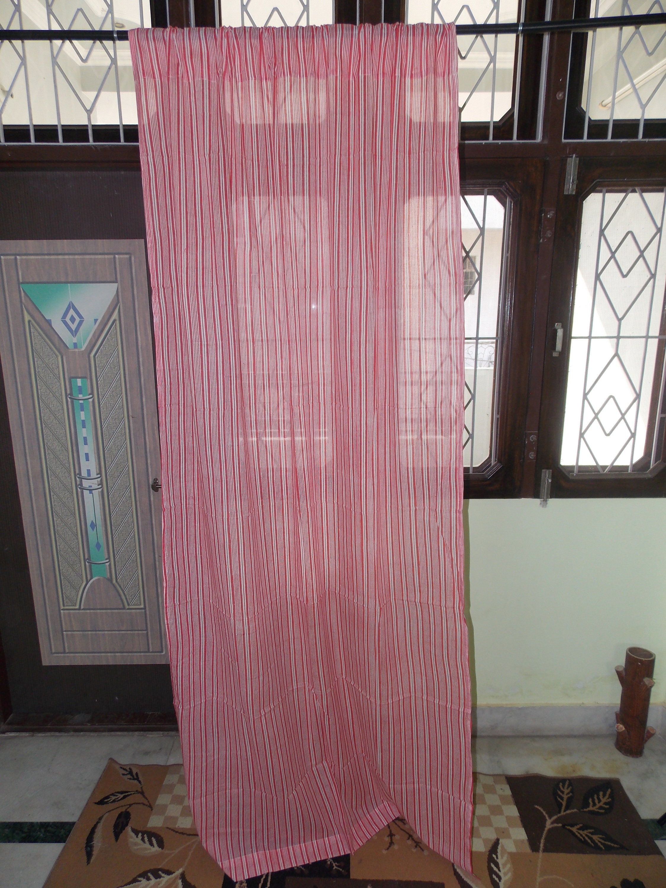 French Style Cotton Curtain: Cherry Red Stripes, Farmhouse Block Print ...