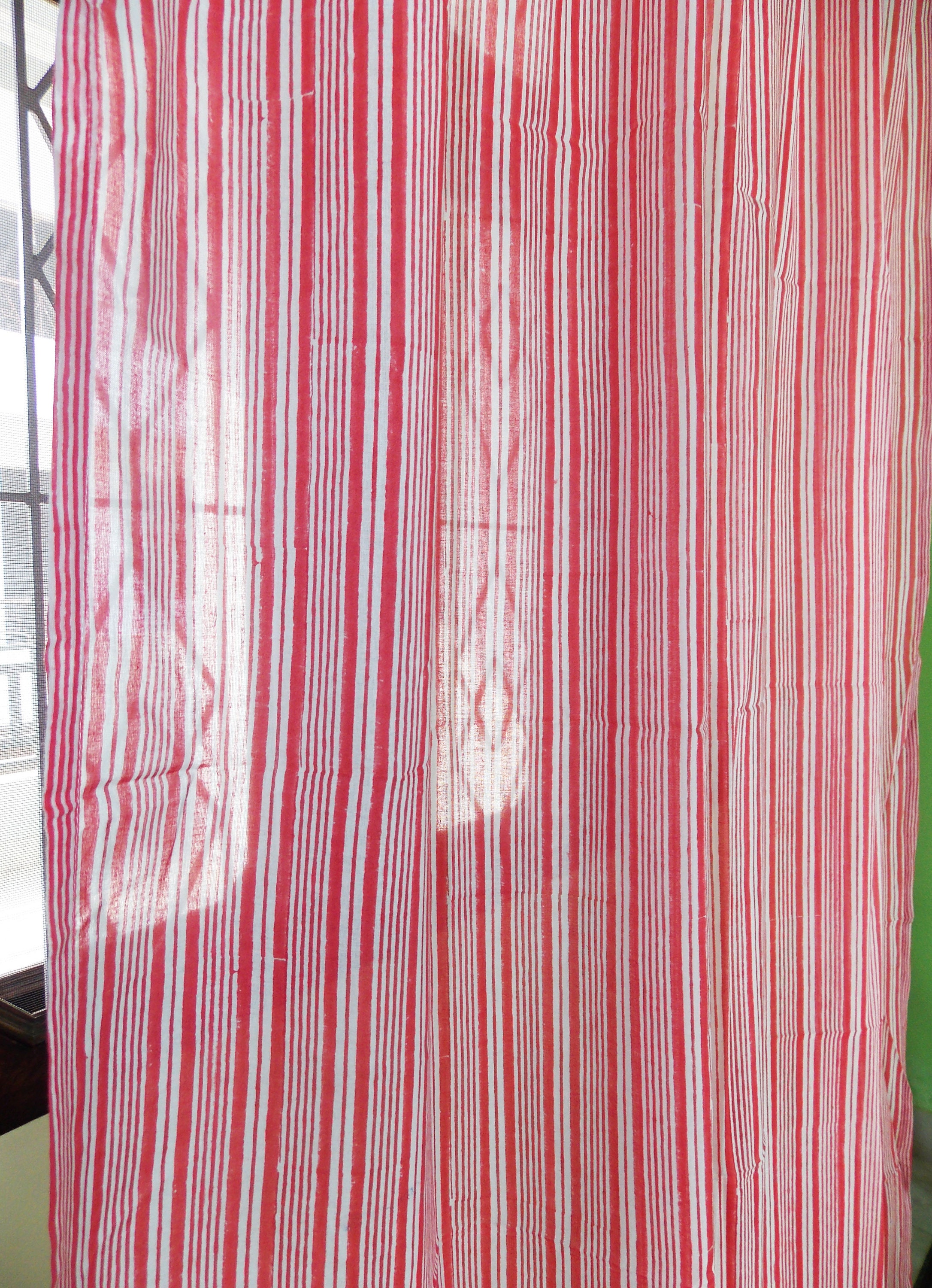French Style Cotton Curtain: Cherry Red Stripes, Farmhouse Block Print ...