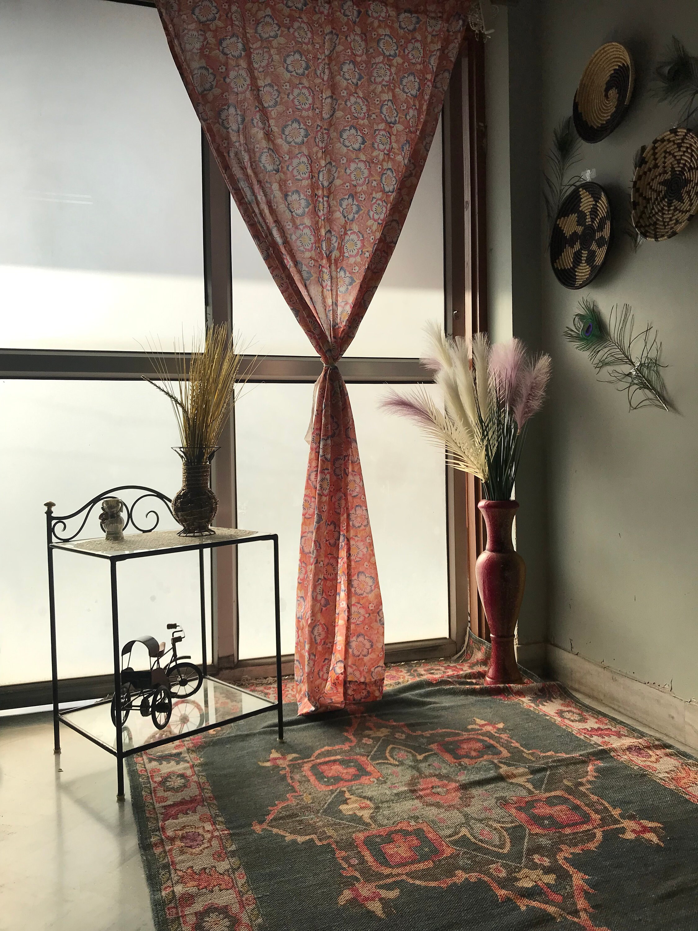 Sheer Indian Cotton Curtains: Bohemian Floral Block Print, Rod Pocket ...
