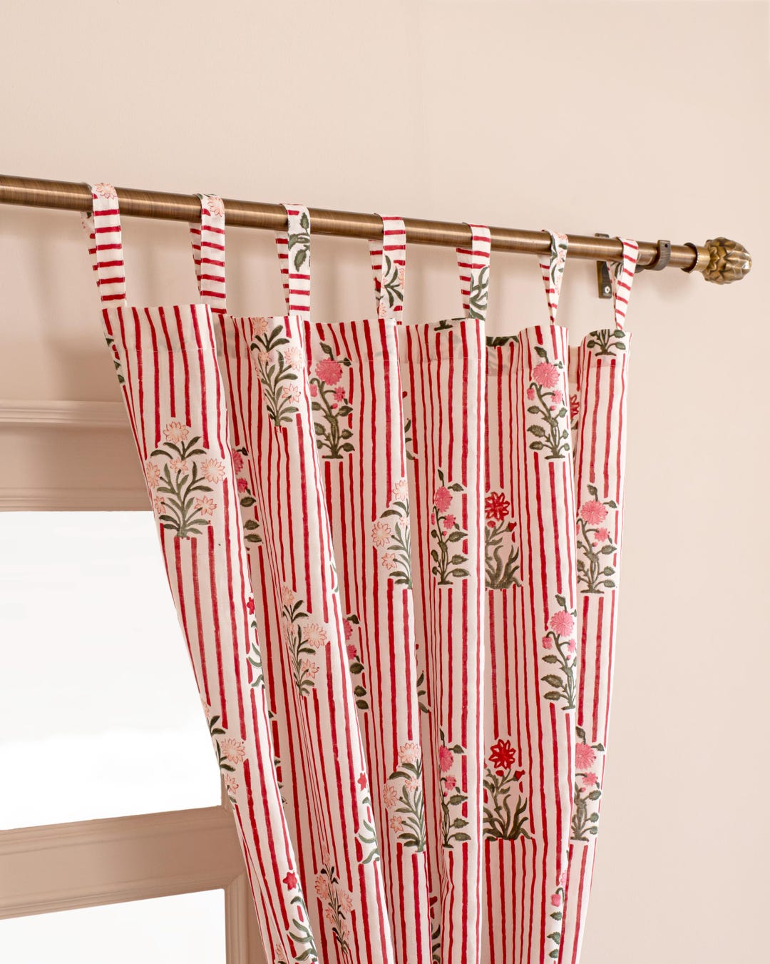 Boho Block Print Cotton Curtain Panel: Red Stripes, Coral Floral - Etsy