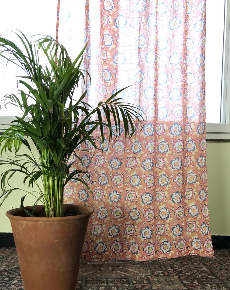 Sheer Indian Cotton Curtains: Bohemian Floral Block Print, Rod Pocket ...