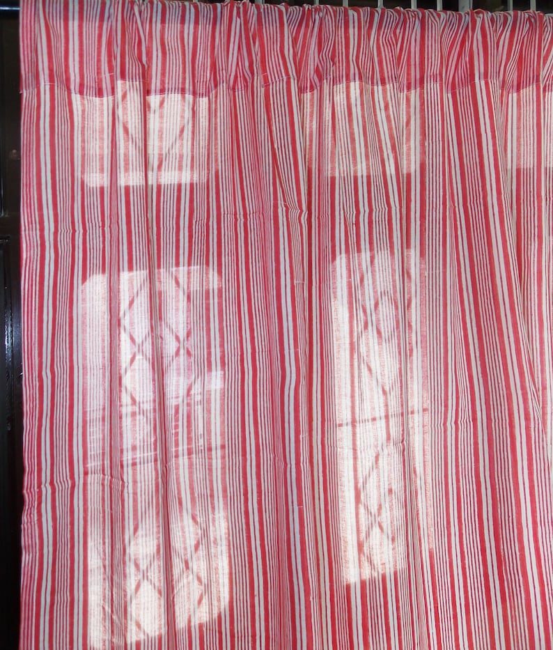 French Style Cotton Curtain: Cherry Red Stripes, Farmhouse Block Print ...