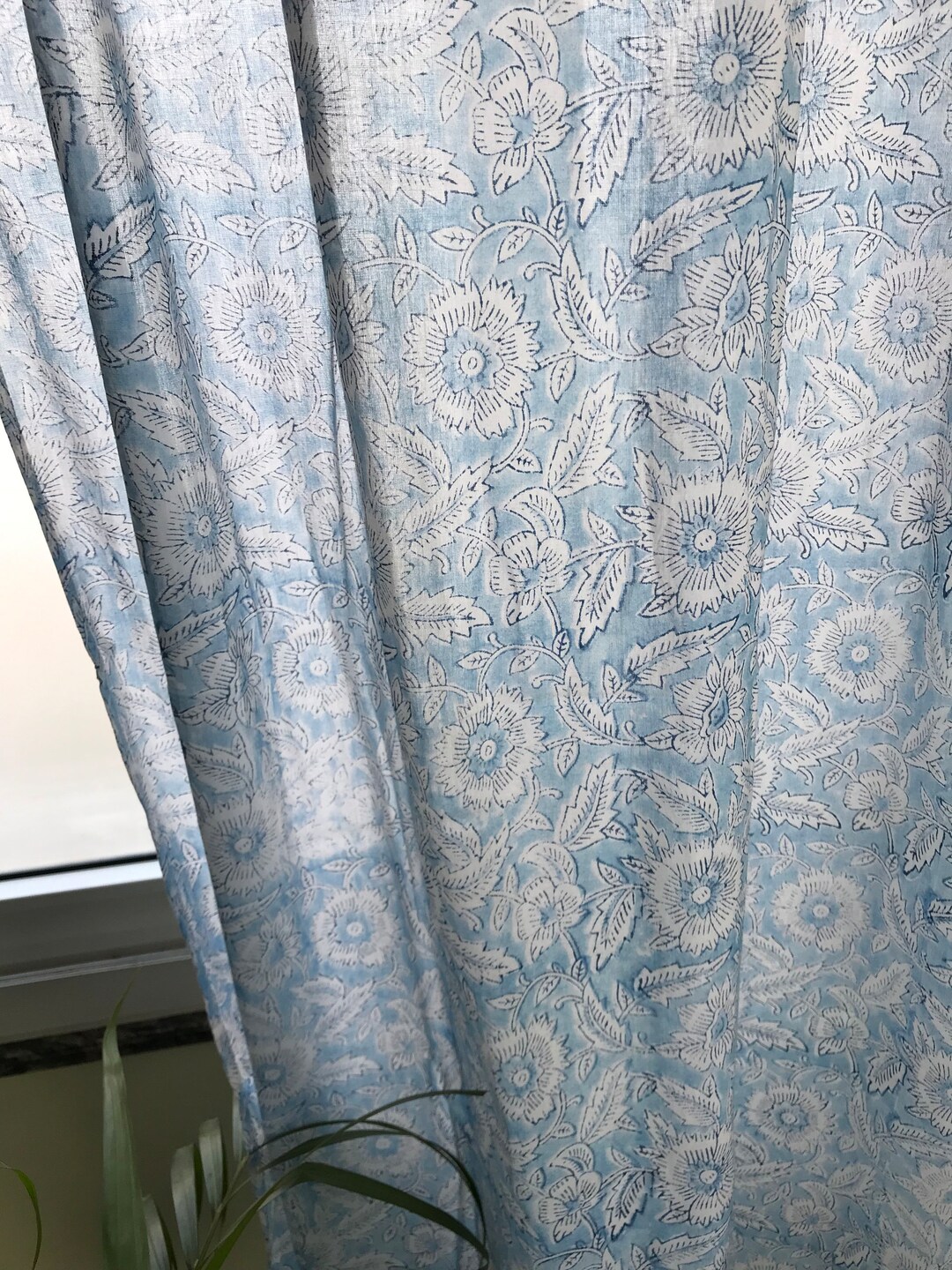 Boho Light Blue Curtain: Floral Block Print Voile Window Treatment - Etsy