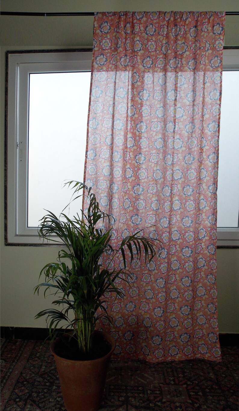 Sheer Indian Cotton Curtains: Bohemian Floral Block Print, Rod Pocket ...