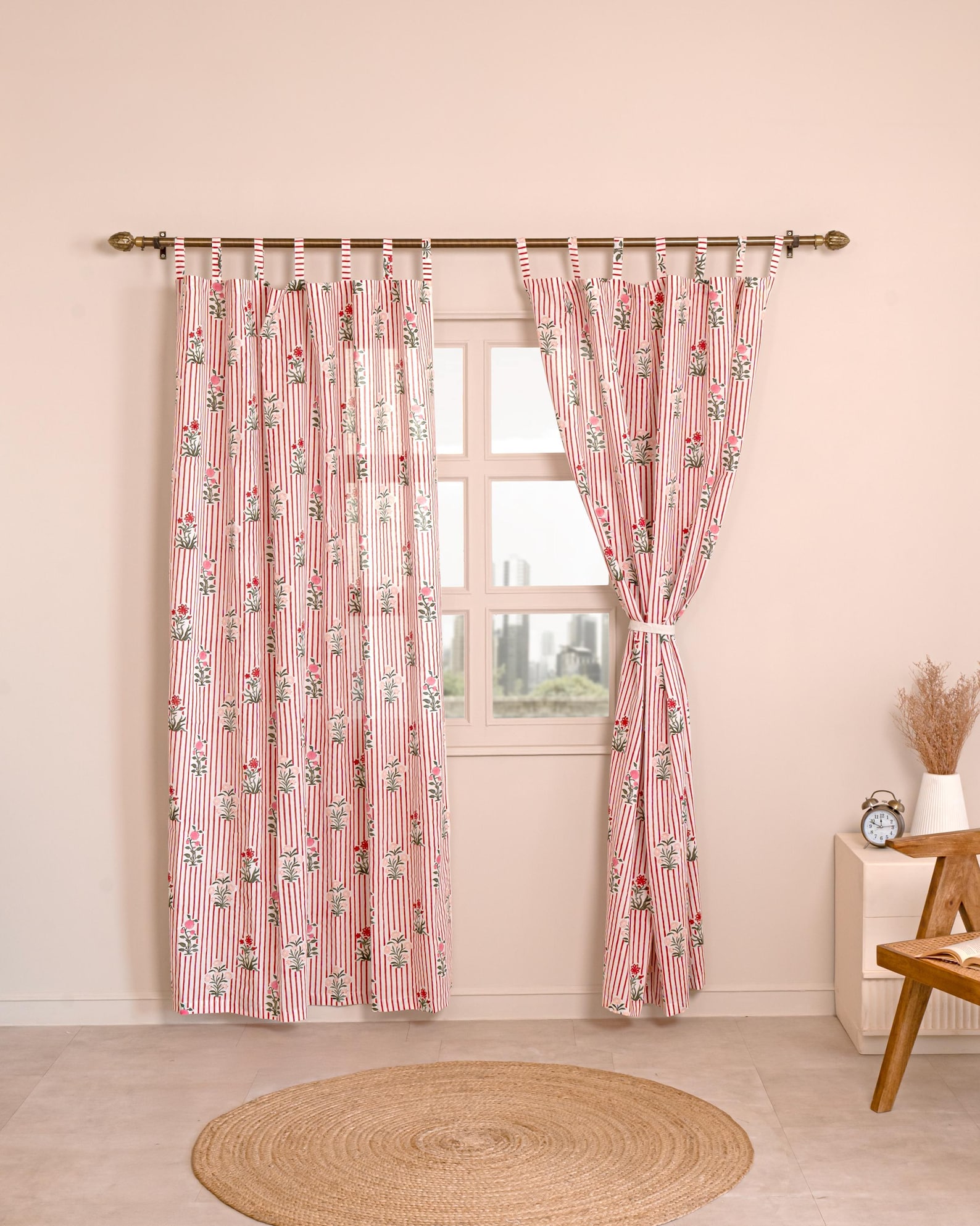 Boho Block Print Cotton Curtain Panel: Red Stripes, Coral Floral - Etsy