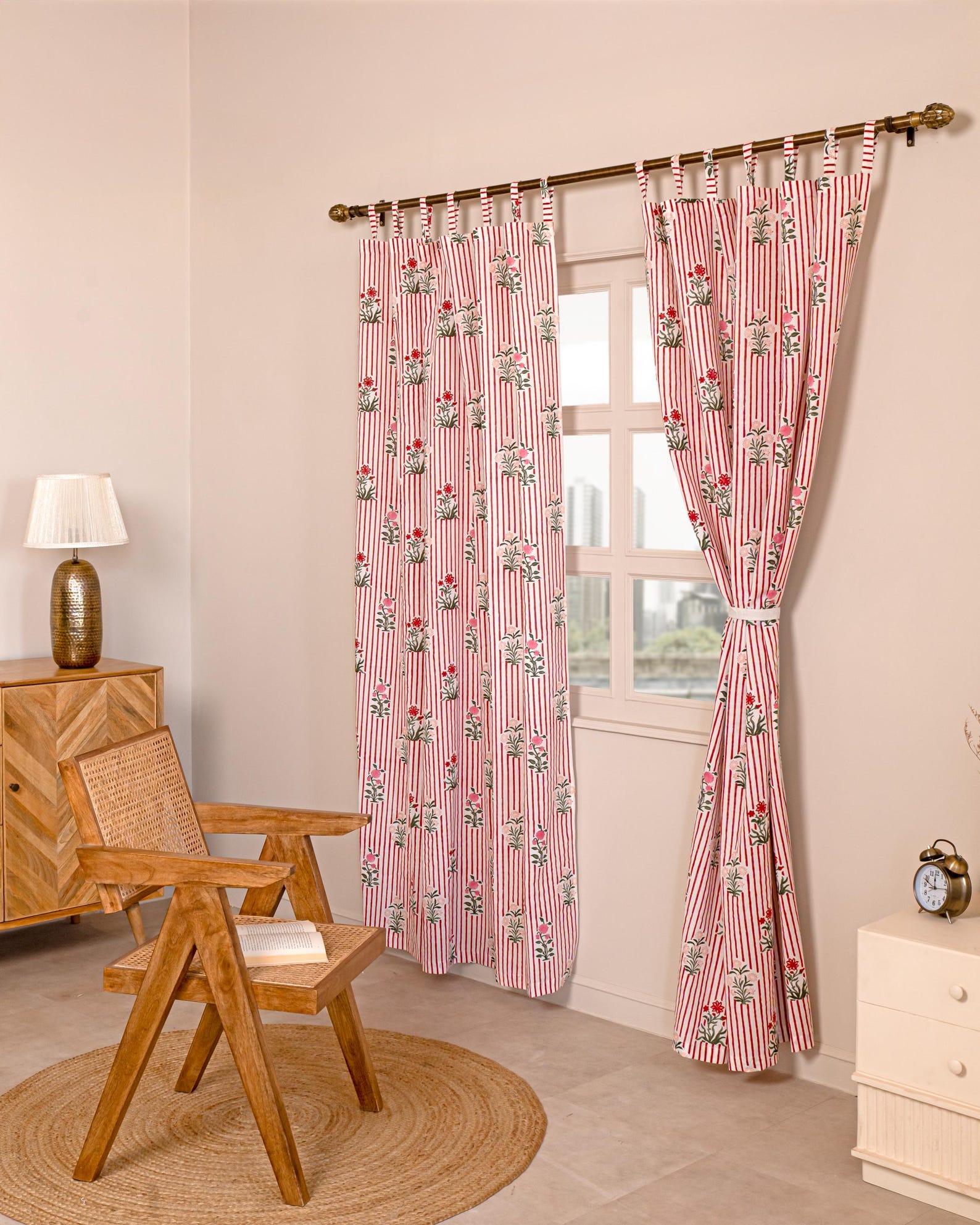 Boho Block Print Cotton Curtain Panel: Red Stripes, Coral Floral - Etsy