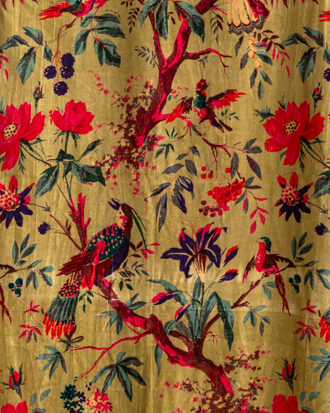 Velvet Bird Print Curtain: Cotton Floral Drapes, Set of Two - Etsy