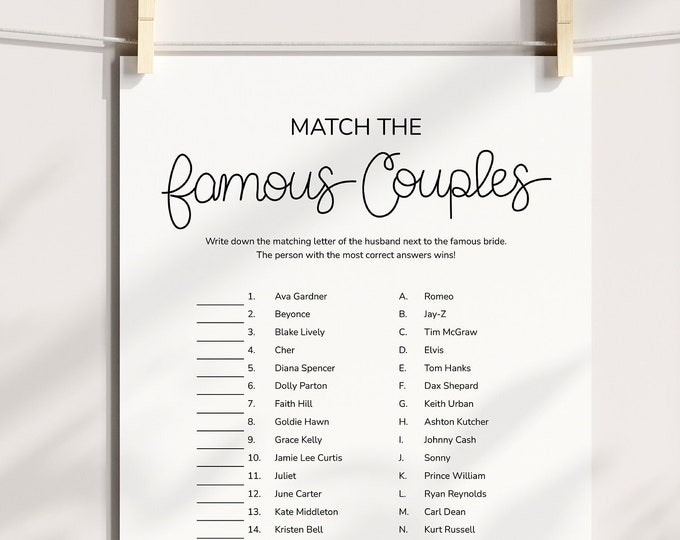 Match the Famous Couples Bridal Shower Game, Printable Instant Digital ...