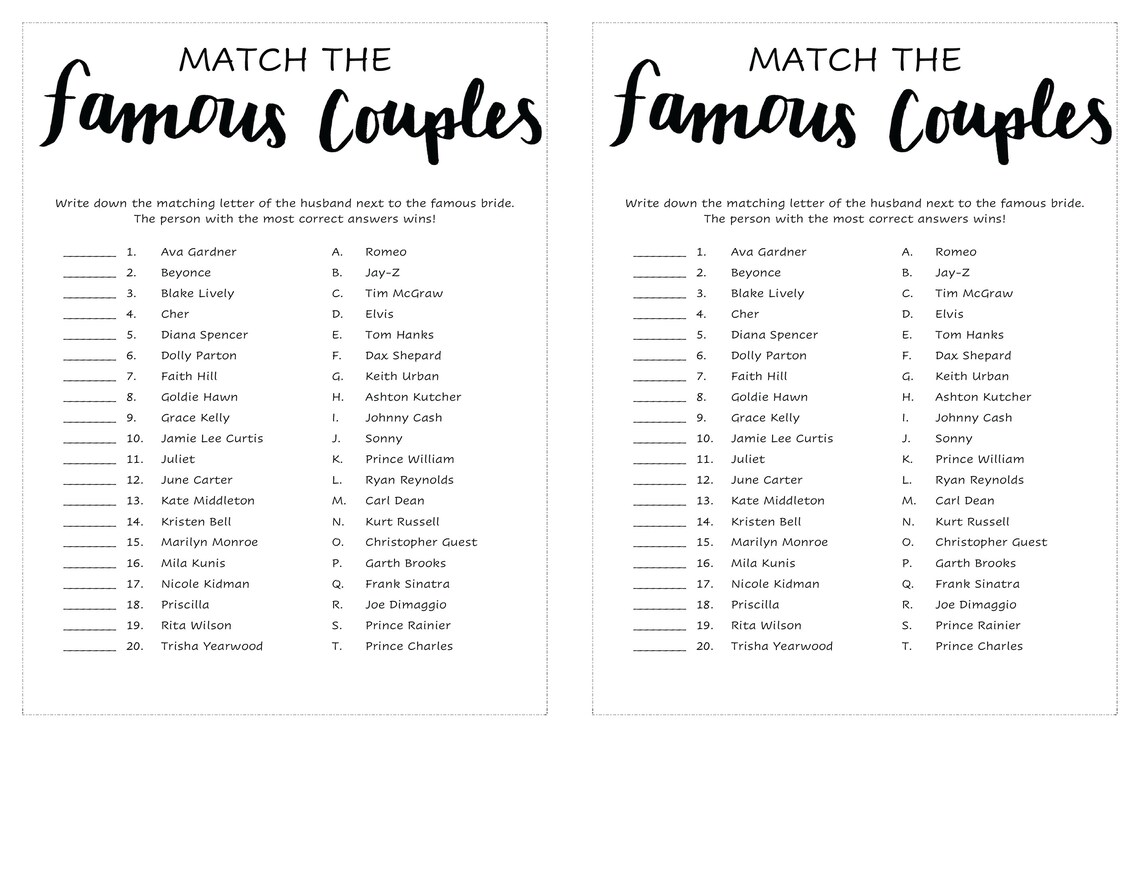Match the Famous Couples Bridal Shower Game Printable | Etsy