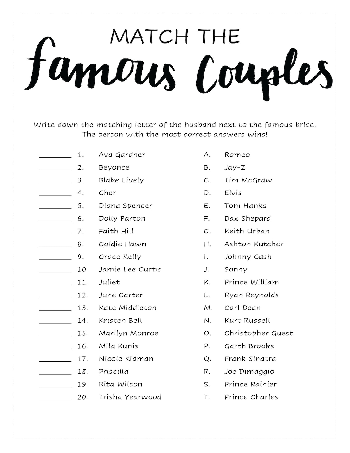 Match the Famous Couples Bridal Shower Game Printable | Etsy