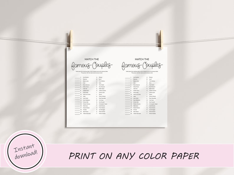 Match the Famous Couples Bridal Shower Game, Printable Instant Digital ...